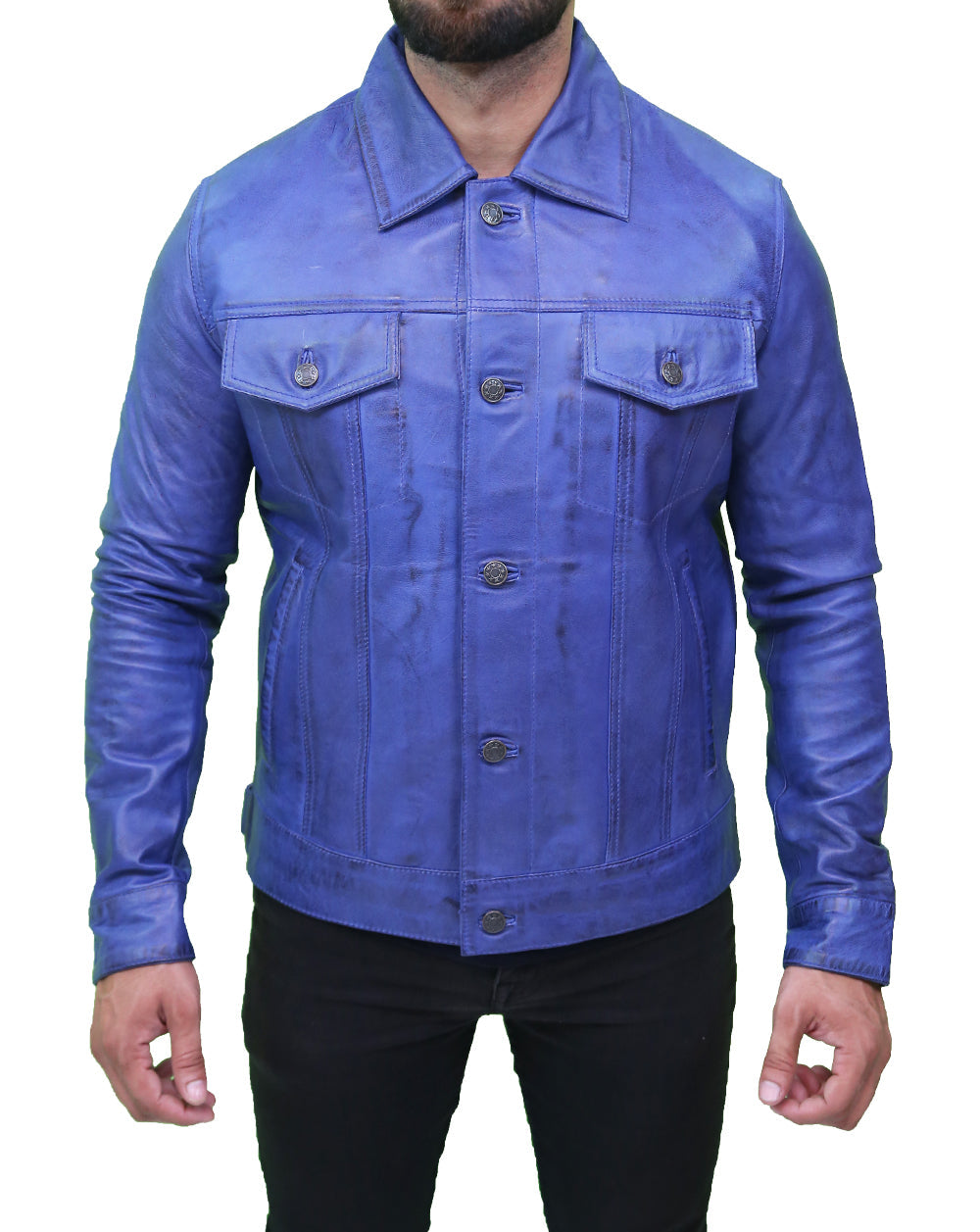 Men's Classic Blue Real Leather Trucker Jacket – The Famous Jackets