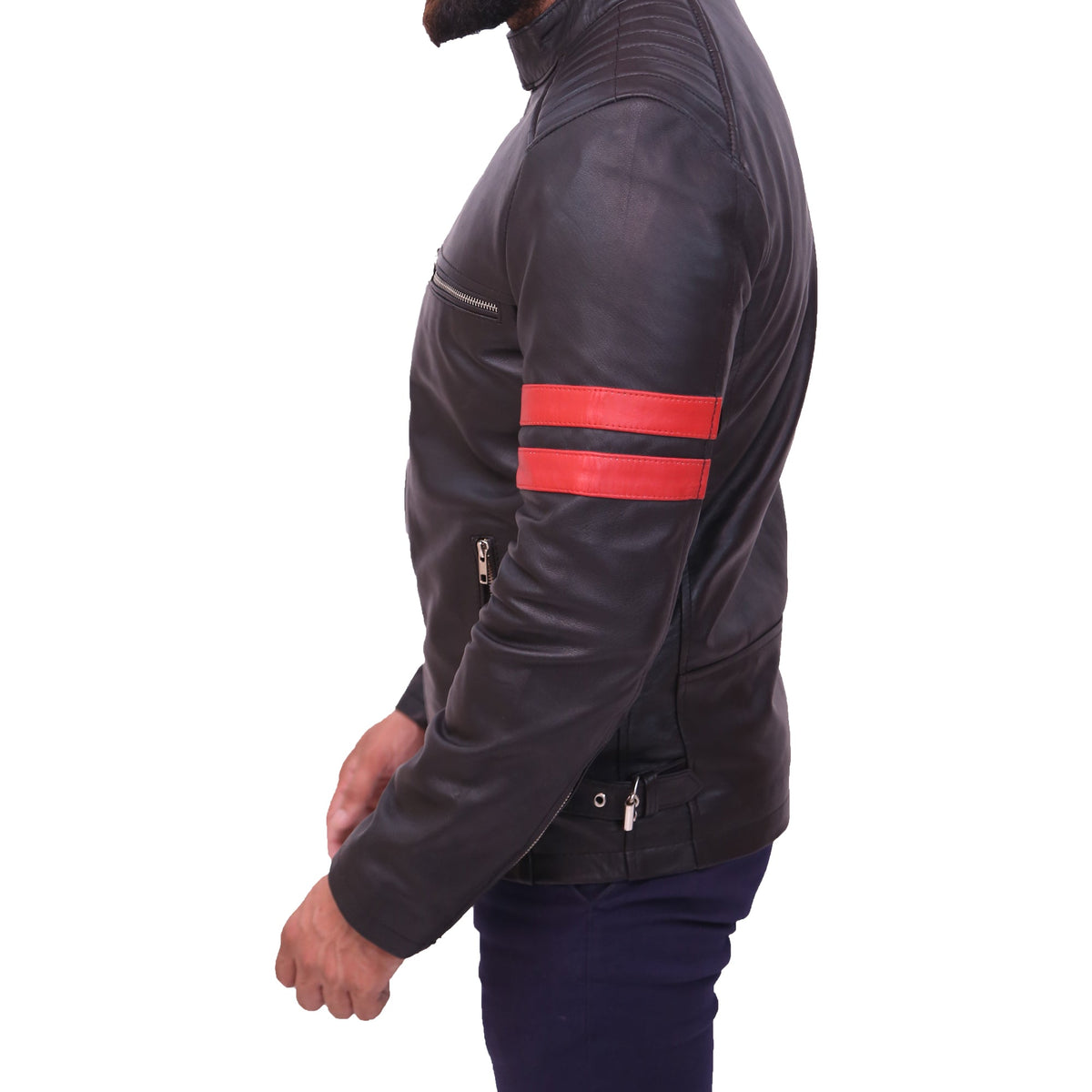 Men's Black Cafe Racer Red Strip Lambskin Leather Jacket – The Famous ...